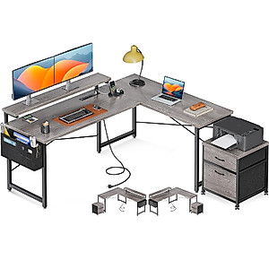 AODK L Shaped Computer Desk, 55" Office Desk with File Cabinet, Power Outlet and Adjustable Monitor Stand, Executive Home Office Furniture Set, Reversible Corner Desk with Storage Bag, Oak Grey