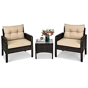 HAPPYGRILL 3-Pieces Patio Furniture Set Outdoor Rattan Wicker Coffee Table & Chairs Set with Seat Cushions Patio Conversation Set for Garden Balcony Backyard Poolside