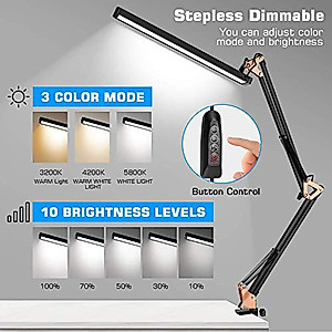 AXUF LED Desk Lamp, Metal Swing Arm Desk Lamp with Clamp, Eye-Caring Architect Desk Light, Dimmable Table Lamp with 3 Color Modes 10 Brightness Levels & Adapter, Memory Function, Rose Gold + Black
