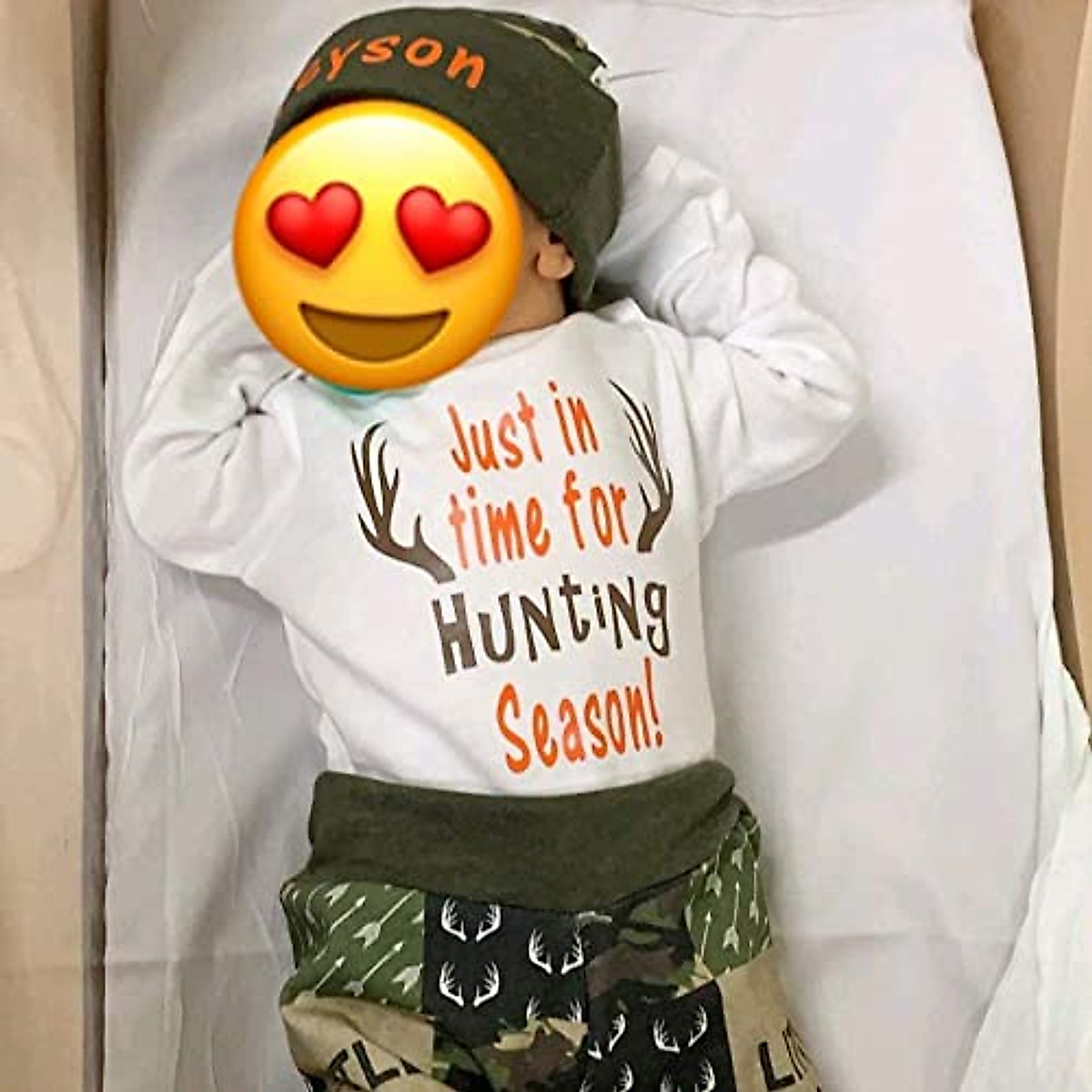 Newborn Baby Boy Clothes Outfits Letter Print Romper + Hunting Elk Pants+Hat 3PC Clothing Set (C-White, 0-3Months)