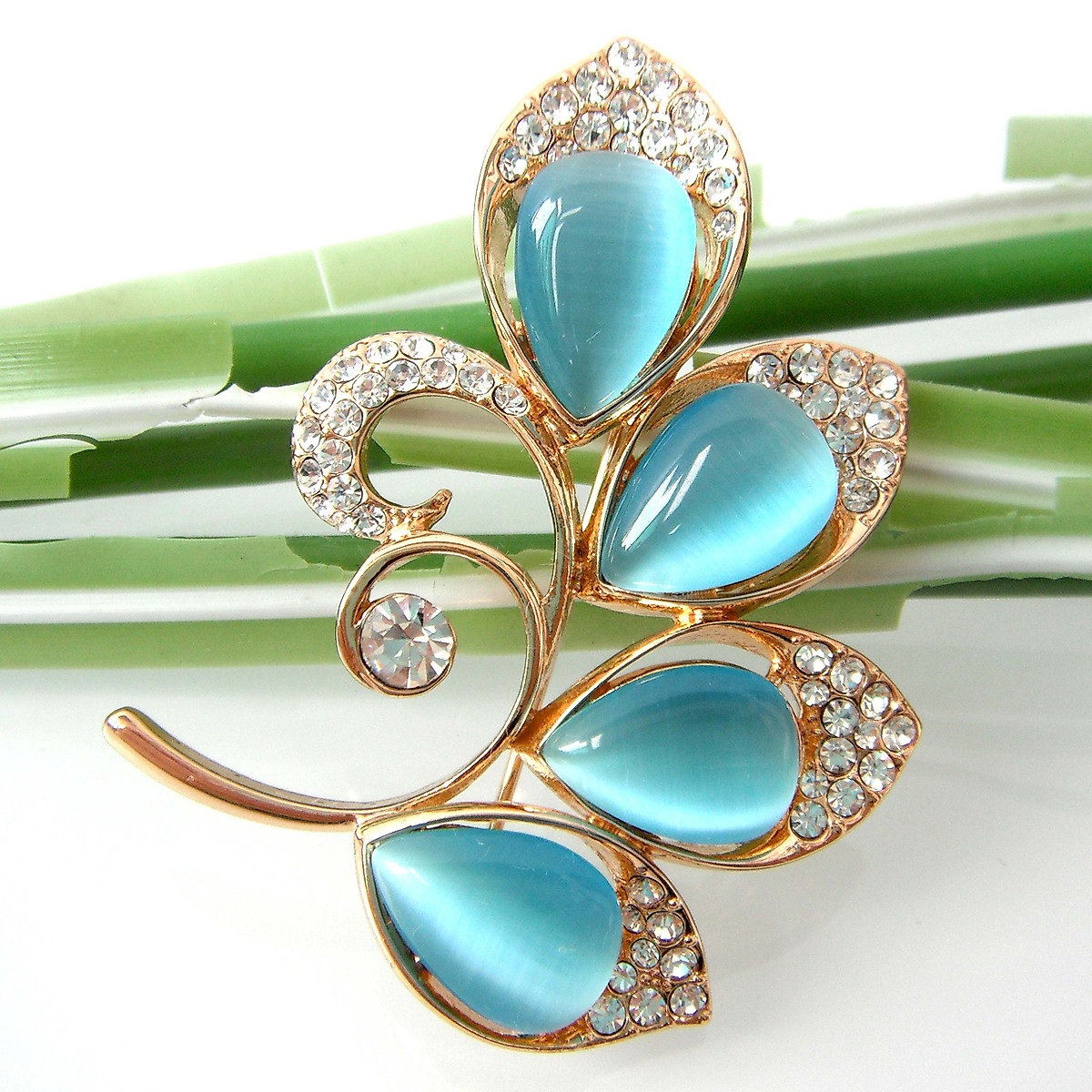 Navachi 18k Gold Plated Blue Opal Crystal Branches Leaves Az7856b Brooch Pin