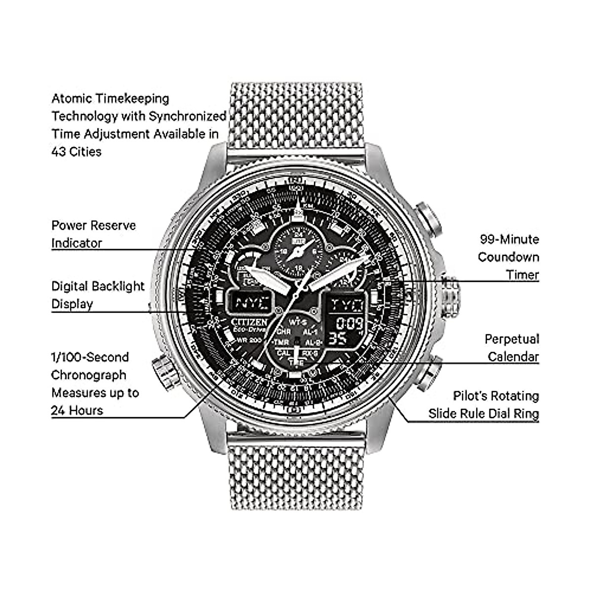 Citizen Men's Promaster Navihawk A-T Eco-Drive Pilot Watch, Atomic Timekeeping, Chronograph, Power Reserve Indicator, Luminous Hands and Markers, Anti-Reflective Crystal, Stainless (Model: JY8030-83E)