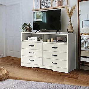 Catrimown White 6 Drawer Dresser for Bedroom Mid Century Modern Dresser Chest of Drawer for Bedroom White Dresser with Shelves Wood Wide Double Dresser for Bedroom Living Room, Wash White