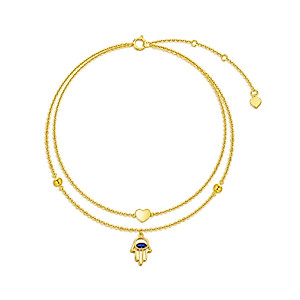 SISGEM Solid 14K Gold Layered Anklet for Women, Real Gold Evil Eye Hamas Hand Anklet Bracelet Foot Bracelet Fine Jewelry Anniversary Birthday Gifts for Her, Wife, Mom, 8''+2''