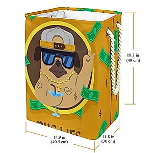 Inhomer Laundry Hamper Fun Pug Dog with Gangster Style Collapsible Laundry Baskets Firm Washing Bin Clothes Storage Organization for Bathroom Bedroom Dorm