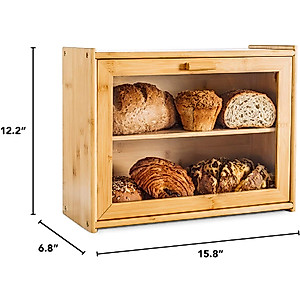 Laura's Green Kitchen Large Bread Box with Clear Front Window - Bamboo Wood - Farmhouse Style - Double Layer Storage Bin Holds 2 Loaves - Fully Assembled