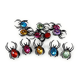 100 Bulk Halloween Spider Rings With Gems Assortment - Black Rings with Assorted Gems for Creepy Crawly Party Favors, Treats, and Cupcake Toppers