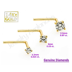 Jewelry Avalanche 14Kt White Gold Real 1.5mm Diamond Nose Stud 22G L-Shape Nose Ring Stud - April Birthstone -LSWG-WD1.5