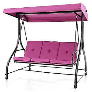 Tangkula 3 Person Porch Swing, 2-in-1 Convertible Patio Swing Bed with Removable Cushions, Solid Steel Structure, Outdoor Swing with Adjustable Canopy for Backyard, Balcony, Poolside (Wine)