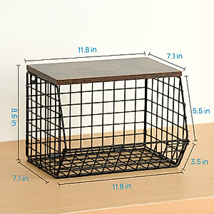 Wetheny 2pcs Fruit Basket Onion Storage Wire Basket with Wood Top- Wall Mounted & Stackable Kitchen Counter Organizer,Cabinet Organizer Bin for Potato,Produce,Bread,Snack Storage(Matte Black)