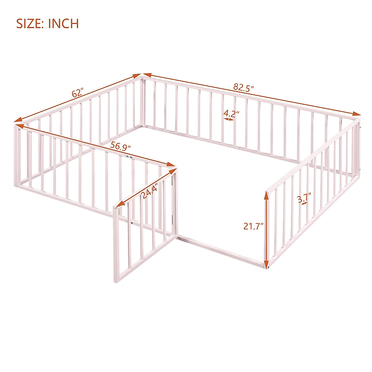 Flieks Metal Floor Bed, Queen Size Floor Bed Frame with Fence and Door for Kids Teens Adults, Easy Assembly, Pink