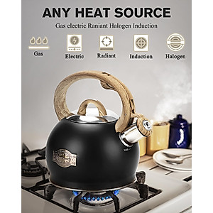 Hauce Radio Tea Kettle Stovetop, Black Tea Kettles-2.1 Quart Loud Whistle Stovetop Teapot,Food Grade Stainless Steel with Wood Pattern Handle, Unique Button Control Kettle Outlet for Tea, Coffee