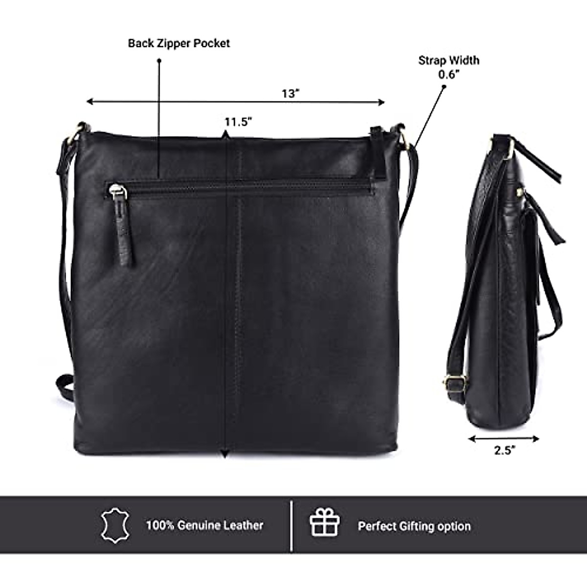 LEDERBUCK Shirley Large Soft Real Leather Crossbody handbag-Triple Zip Premium Sling Crossover Shoulder Bag for Women (Black)
