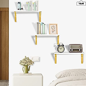 Y&M Floating Wall Shelves, Set of 3 Rustic Pine Wood Wall Mounted Shelf with Gold Metal Brackets, Decorative Storage for Bedroom, Bathroom, Modern Kitchen Living Room Storage & Decoration - White