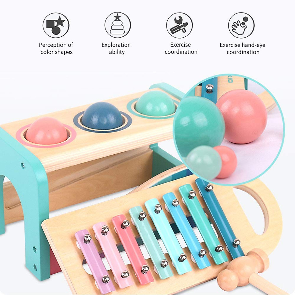 enlitoys Wooden Pounding and Hammer Toy Xylophone and Gear Pounding a Ball Track Game with Hammer Toddler Toys for 3 Year