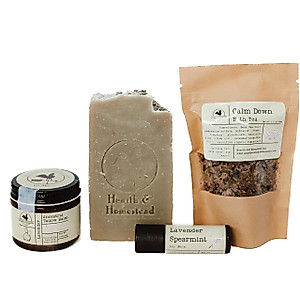 Hearth and Homestead: Calm Down Lavender Gift Set: Handmade and Organic Tallow Balm, Lip Balm, Olive oil Soap, Magnesium Bath Tea Soak