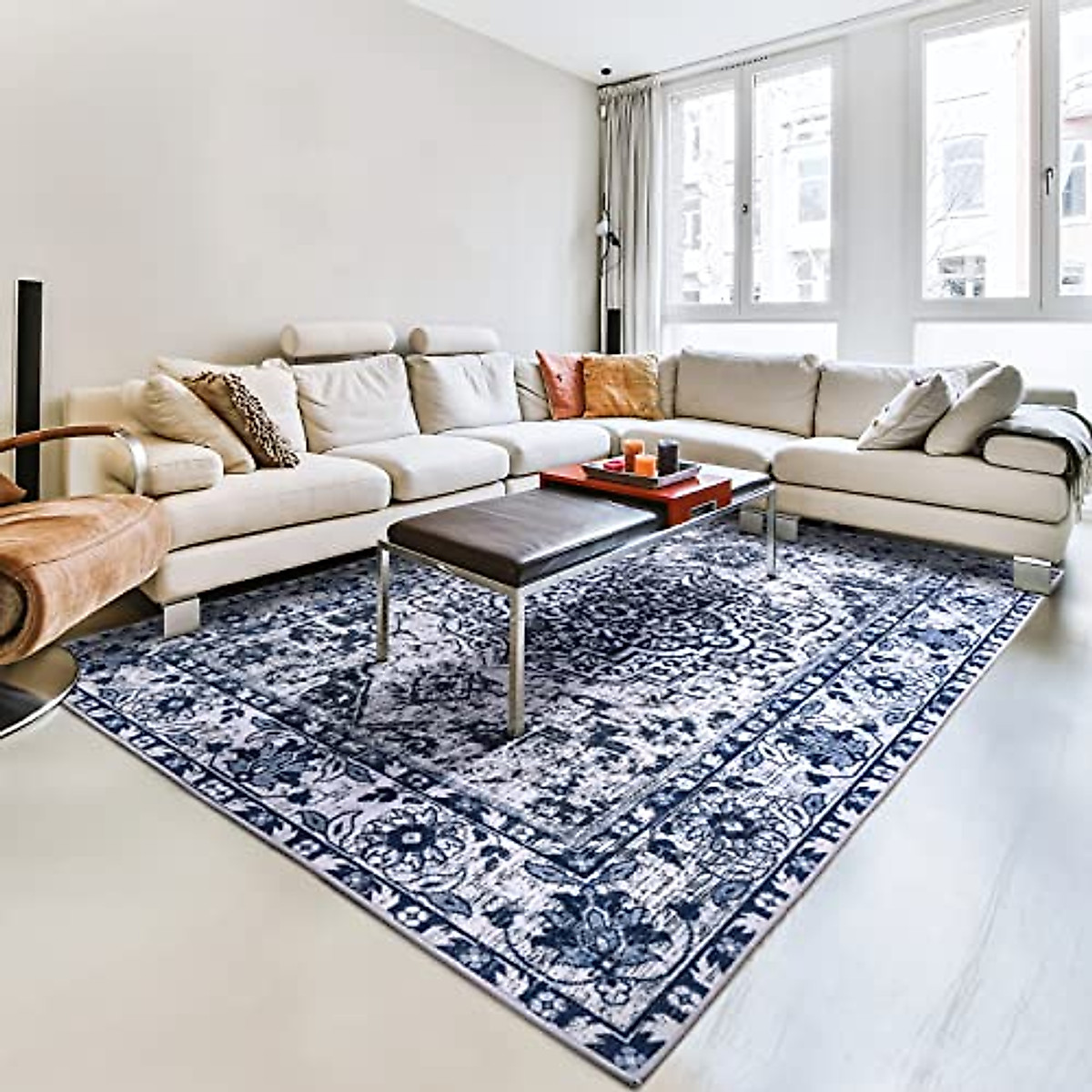 YJ.GWL Boho Area Rug 4x6, Persian Washable Bedroom Rug, Soft Oriental Distressed Accent Rugs for Living Room Dining Room, Non-Slip Non-Shedding Low-Pile Entryway Rug Floor Carpet, Blue