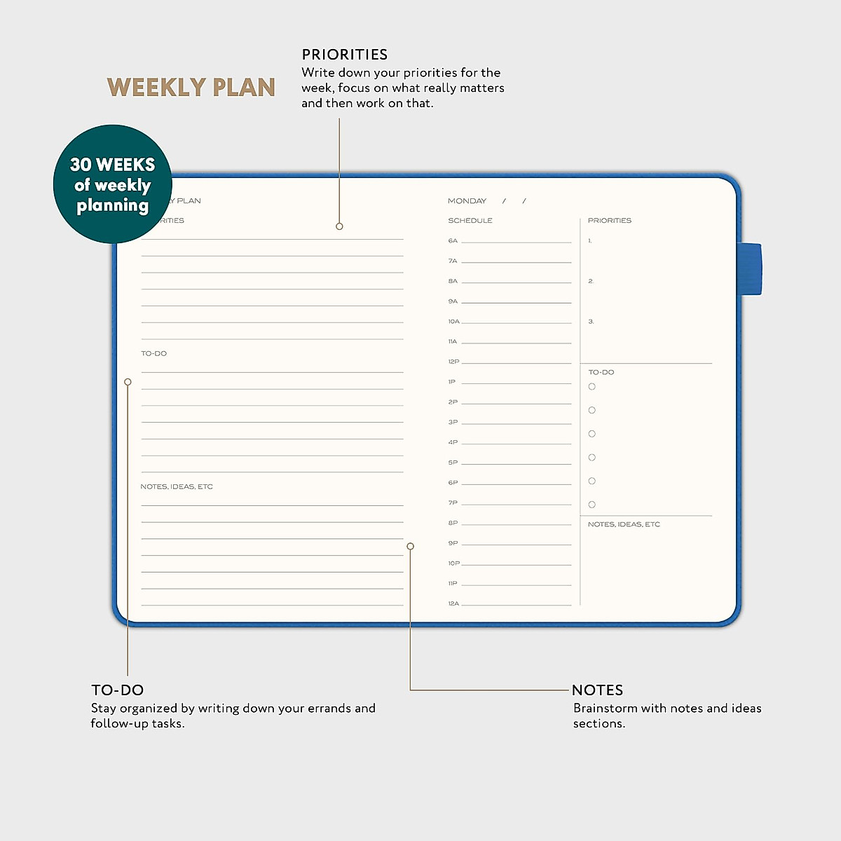 Daily Planner 2024. Undated Daily, Weekly & Monthly Planner with Time Slots. Achieve Your Goals – Organize Your Life with This Weekly Planner, A5 size, Hardcover Agenda. Start Anytime Weekly Monthly