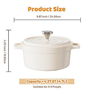 Enamel Dutch Oven with Lid, 4.3 Quarts Saucepan Cooking Pot, Soup Pot with Dual Handles, Non-Stick Ceramic Cookware for Bread Baking&Cooking, Oven Safe Up to 536° F or All Stovetop,Turquoise (White)