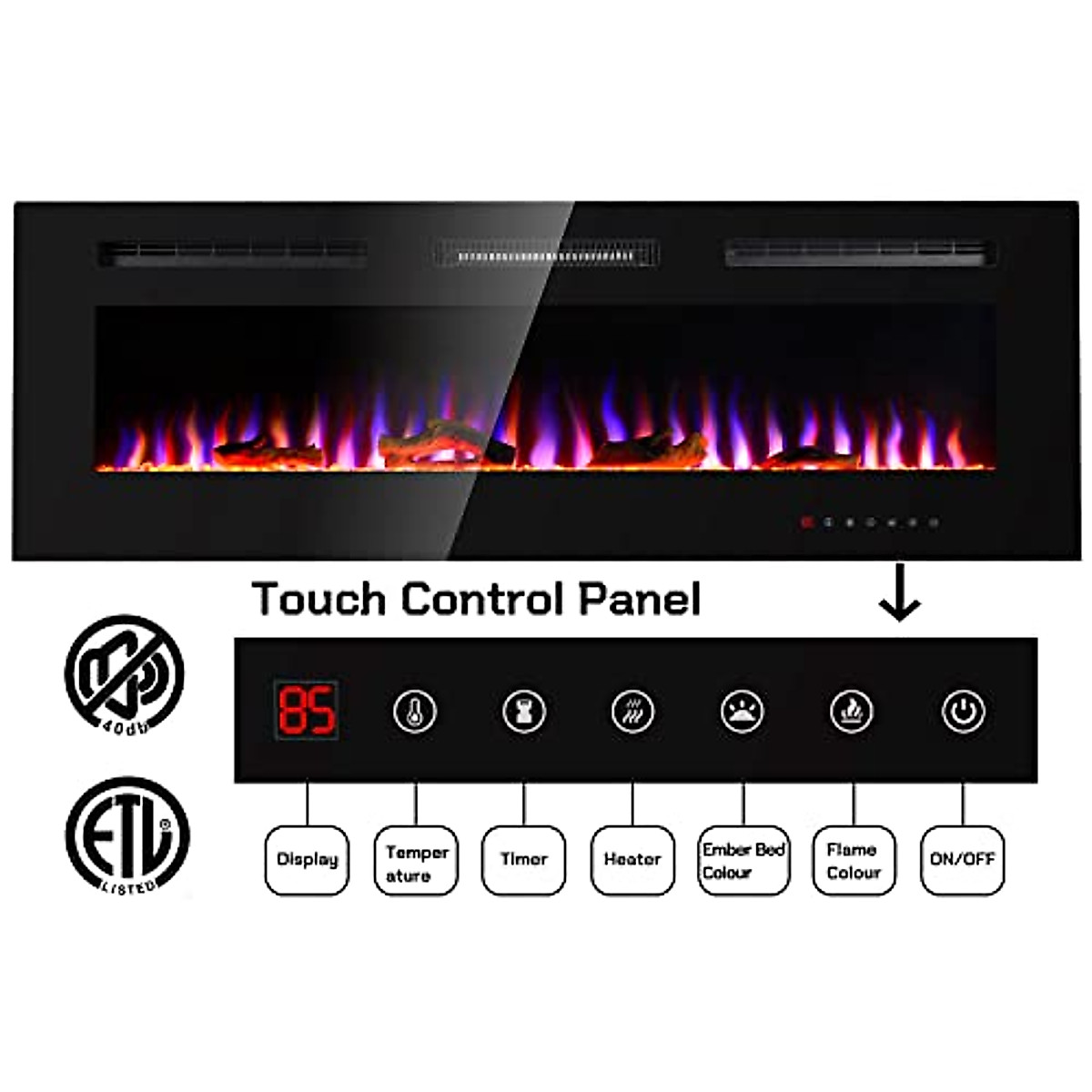 Uthfy 50" Electric Fireplace,1500W Recessed & Wall Mounted Fireplace Heater & Linear Fireplace,6 Flame Colors & 9 Ember Bed Colors,Remote Control,8H Timer,Adjustable Thermostat, Black (HY-HW50)