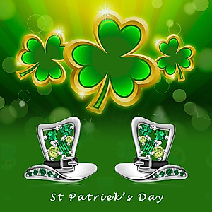 Hat Earrings for Women 925 Sterling Silver St Patrick Day Green Hat Stud Earrings with Cubic Zirconia Good Luck Symbol Jewelry for Mother's Day