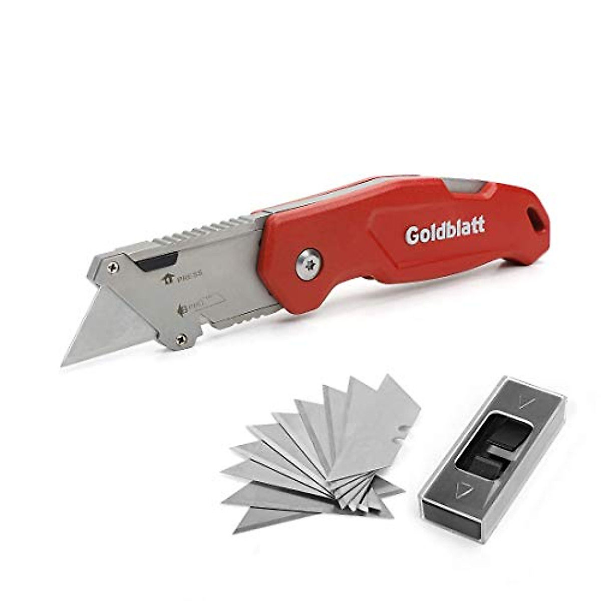 Goldblatt Folding Utility Knife, Quick Change Blade Mechanism & Aluminum Alloy Handle with 10-piece Extra Blades, Pocket Size