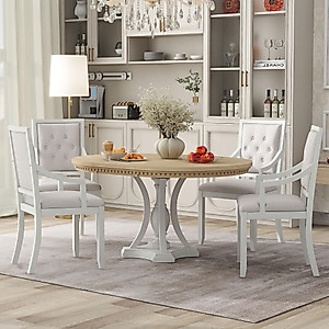 POCIYIHOME 5-Piece Set, Wood Table with Two-Size Round to Oval Extendable Butterfly Leaf, 4 Upholstered Dining Chairs with Armrest for 4 (Natural Oak+ Antique White)