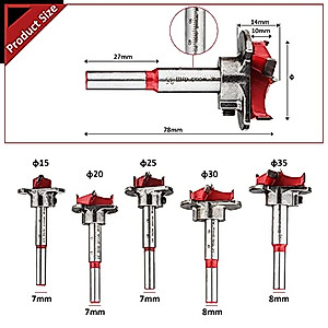 HPHOPE Forstner Bit Set 5Pcs Adjustable Positioning Drill, 15/20/25/30/35mm Forstner Bits for Wood Drilling, Cemented Carbide Woodworking Hole Saw with Depth Stoper (Depth Range 10-40mm)