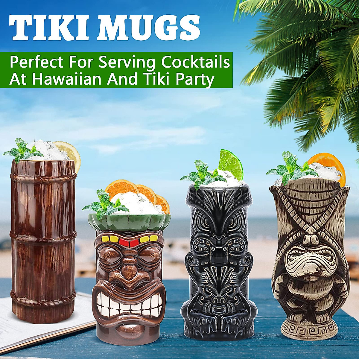 LINALL Tiki Mugs Cocktail Set of 8 - Tumblers Ceramic Hawaiian Luau Party Mugs Drinkware, Cute Exotic Cocktail Glasses, Tiki Bar Professional Hawaiian Party Barware, TKSET0017 (8pcs)
