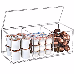 BEYGORM Acrylic Coffee Pod Holder with Lid for 24 Kcup, Clear Coffee Capsule Storage Organizer,3 Compartments Coffee Bar Station Organizer Compatible with Nespresso Pod,Creamer