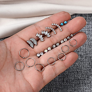 PLOMFOV 13Pairs 20G Cartilage Earrings for Women Men CZ Feather Barbell Earrings Stainless Steel Cartilage Hoop Earring 16G Tragus Conch Helix Piercing Jewelry Silver Tone