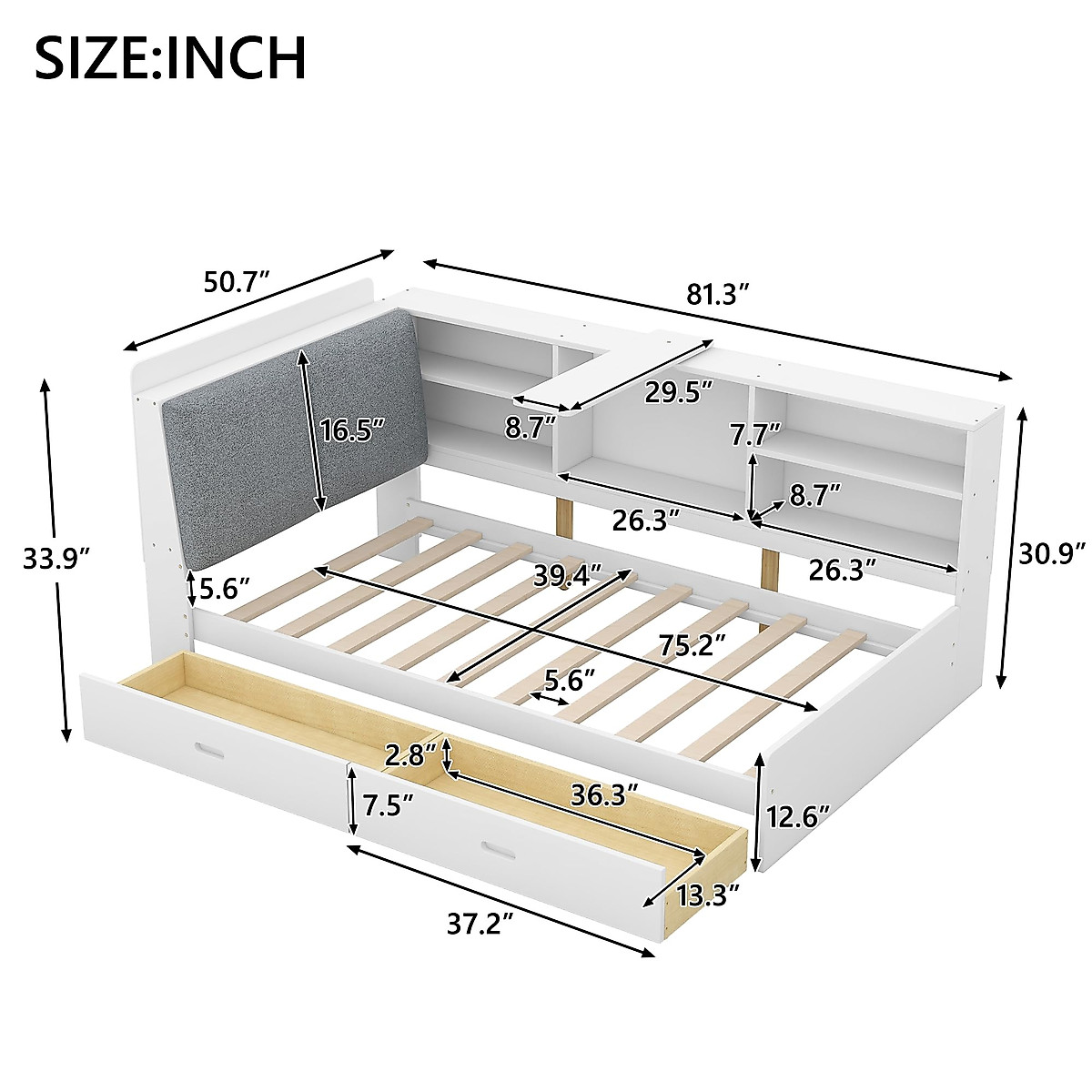 VilroCaz Twin Size Platform Bed with L-Shaped Storage Shelves and Upholstered Headboard, Solid Wood Daybed Frame with 2 Drawers and Rotatable Storage Board, Maximize Space (White-25)