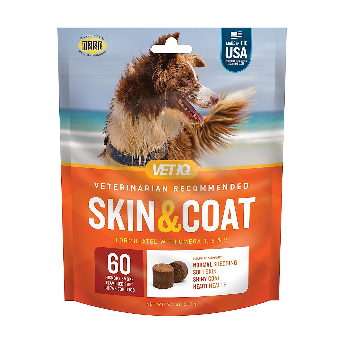 VetIQ Skin and Coat Supplement for Dogs, Helps Maintain Healthy Skin and Shiny Coat, Hickory Smoke Flavor Dog Chew, Made in The USA, 60 Count