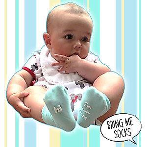 Baby Socks Gift Set - Unique Baby Shower or Newborn Gift - 4 Pairs of Cute Funny Quotes in Gift Box