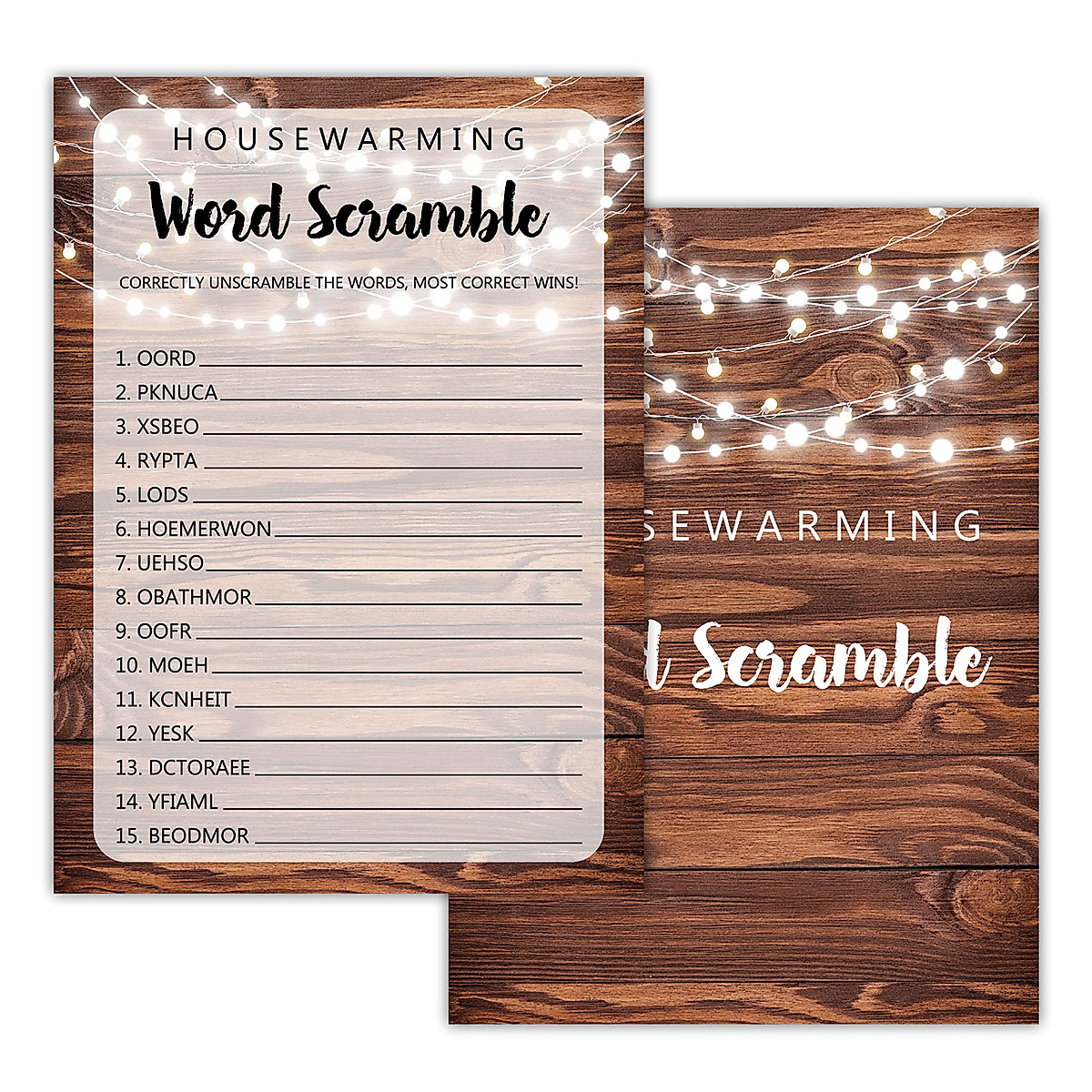 Housewarming Party Games, Word Scramble, Rustic New Home, New House, New Homeowner Party Games Cards, 30 Sheets Each Pack