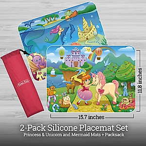 Klean Kids [2 Pack] Silicone Placemats for Toddlers (Mermaid and Princess) - Non Slip 2-Pack with Travel Bag - Princess & Mermaid - Baby Placemats That Stick to Table for Baby
