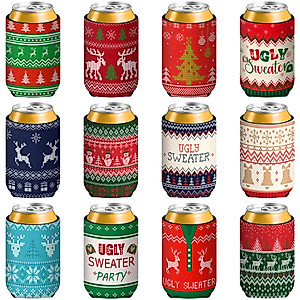 Tiamon 12 Pcs Christmas Ugly Sweater Beer Can Sleeves Xmas Can Cooler Sleeves Funny Christmas Can Covers Drink Beverages Bottle Sleeves Holiday Party Gift Decorations Supplies