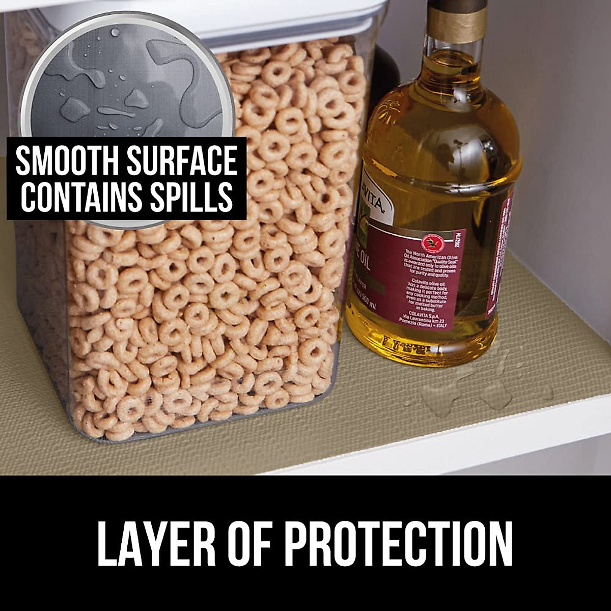 Gorilla Grip Drawer Liner and Smooth Drawer Liner, Shelf Liner Size 17.5x10, Bathroom Storage Shelves, Smooth Liner Size 17.5x20, Non Adhesive, Both in Beige, 2 Item Bundle