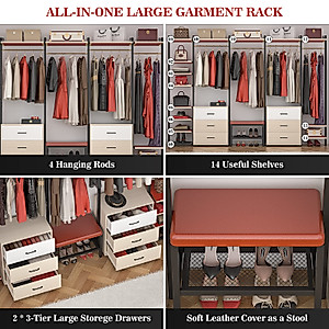 Cyclysio 96'' Heavy Duty Closet System, Large Wooden Garment Rack, Wall Mounted Walk-in Closet, Clothing Rack with Shelves, Closet Organizer System with Stool, 14 Shelves, 6 Drawers, 4 Rods, Black