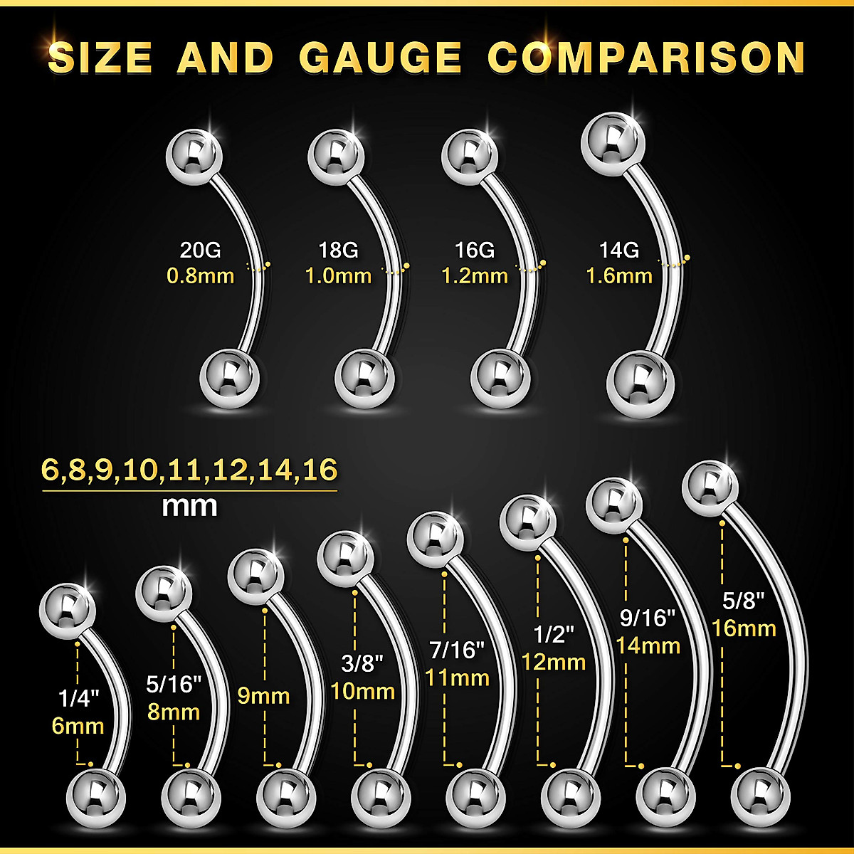 KJM Fashion 4PCS Surgical Steel Curve Barbell 16g 1.2mm 9mm 3mm Ball Tragus Daith Lip Eyebrow Earrings Rook Piercing Jewelry 7484