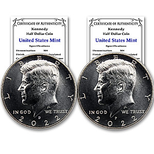 2022 P,D Set of 2 Kennedy Half Dollar Coins (Struck at the Philadelphia Mint & the Denver Mint) with a Certificate of Authenticity Mint State