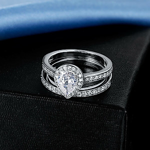 Gemsme Wedding Engagement Rings Set, 18K White Gold Plated Teardrop Cut Cubic Zirconia Halo Promise Ring for Women (8)