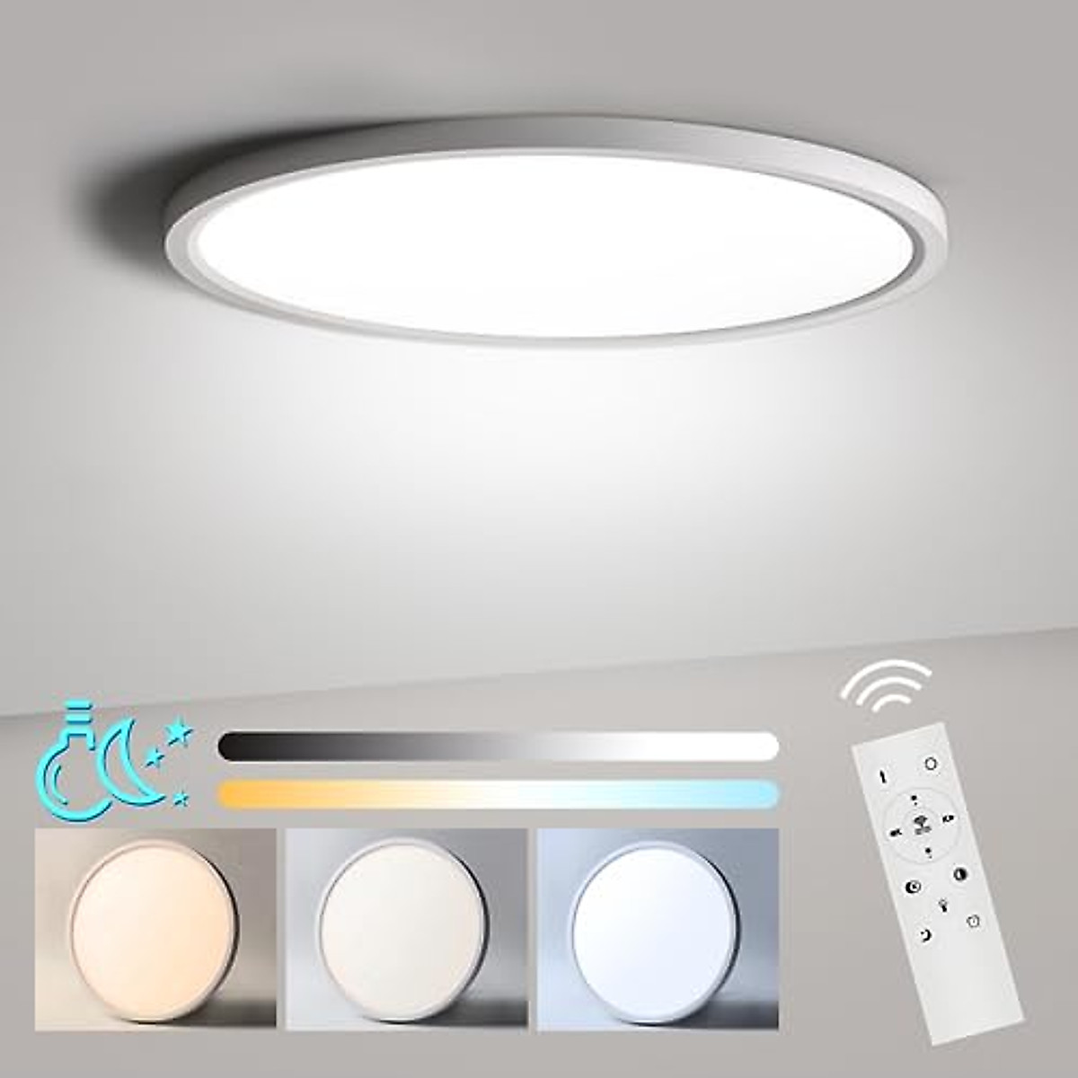 12 Inch 24W Dimmable LED Flush Mount Ceiling Light Fixture with Remote Control, 2800K-6500K Color Changeable, 10%-100% Brightness Adjustable, Flat Modern Round Ceiling Lamp Lights for Bedrooms.etc.