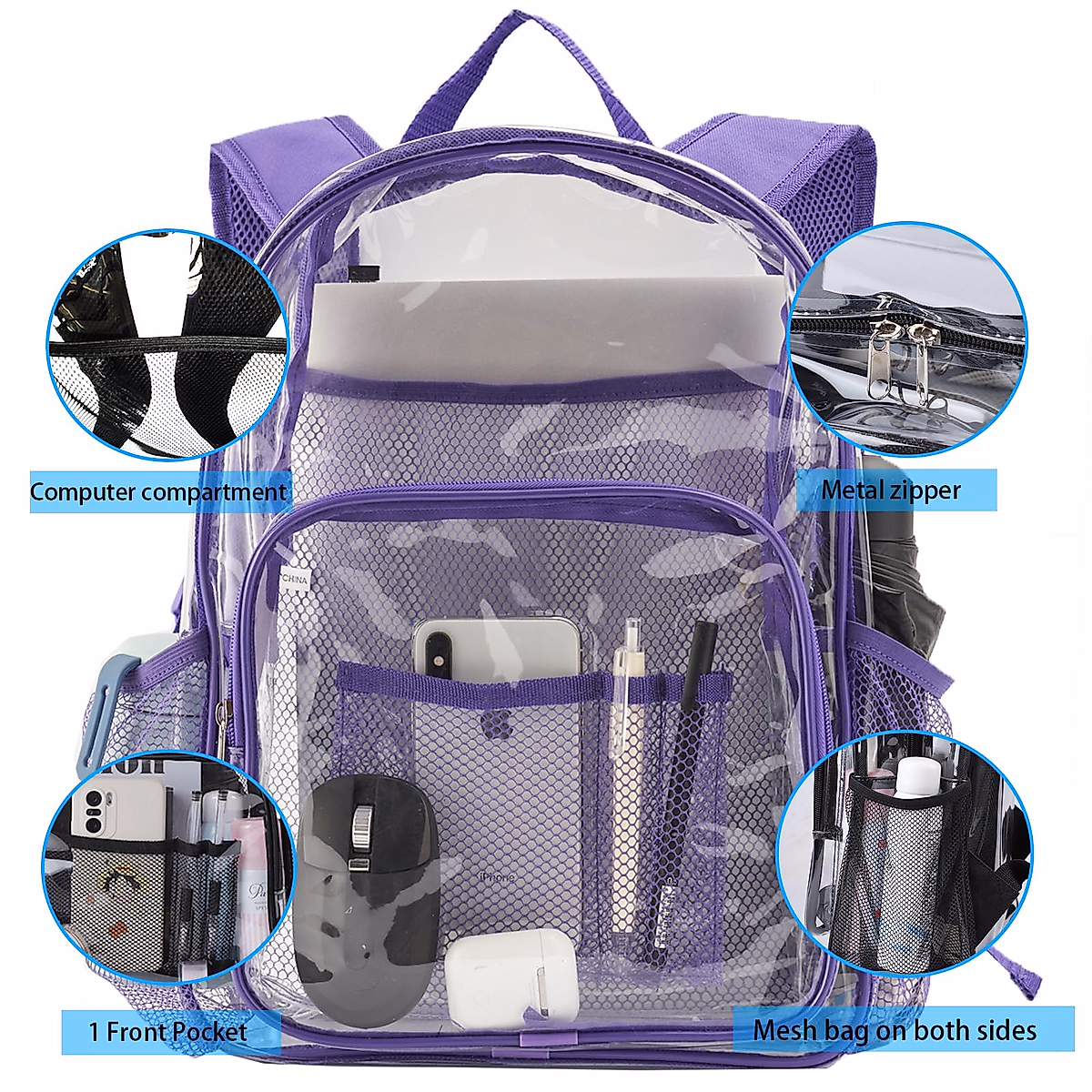 BAJNOKOU Clear Backpack Stadium Approved for Women Men Heavy Duty PVC Transparent See Through Backpacks for School Work Travel,Purple