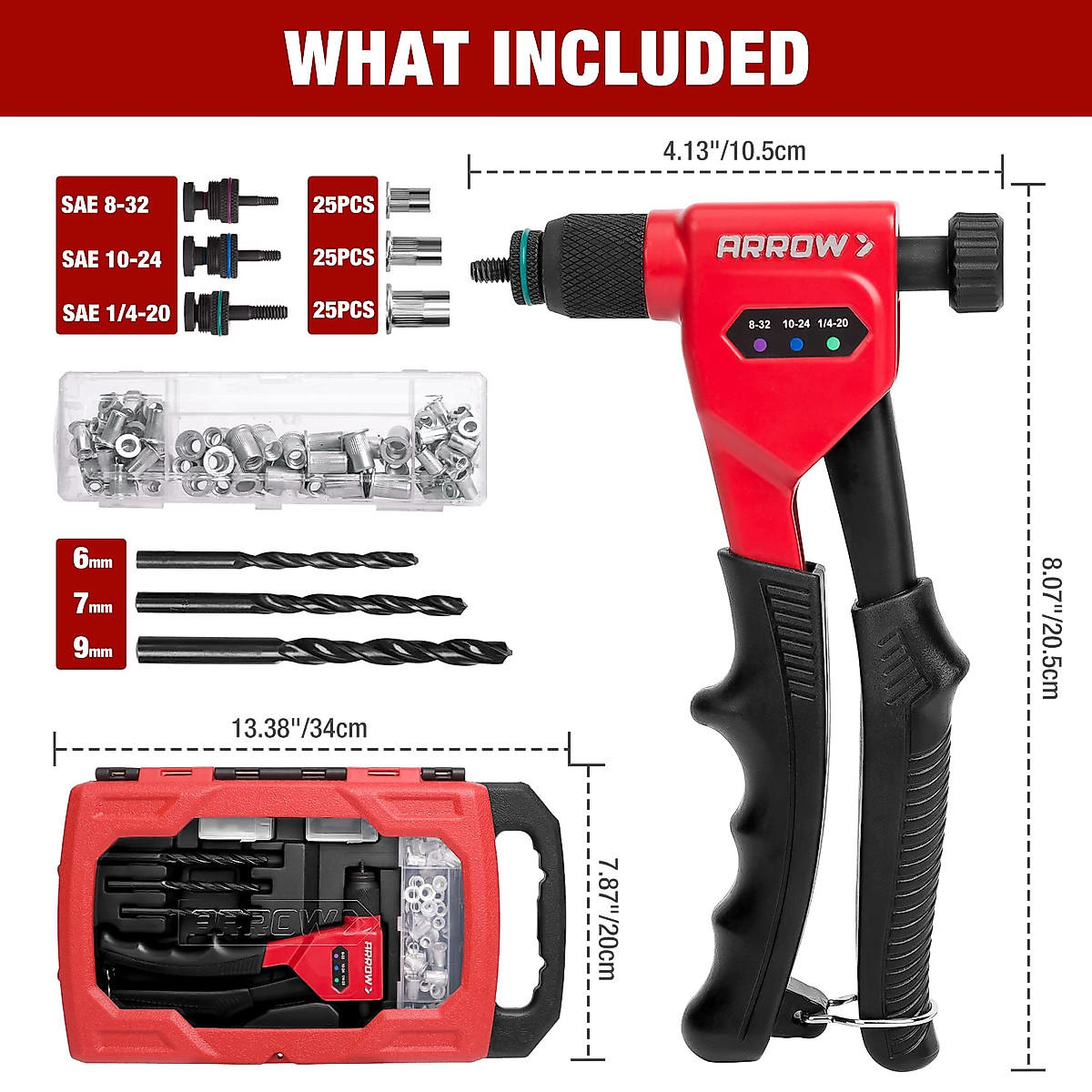 Arrow Rivet Nut Tool, 8" Rivet Nut Gun Kit Designed for Tight Space, Rivet Nut Setter with 3 Pcs Mandrels (8-32, 10-24, 1/4-20), 75 Pcs Rivnuts and 3 Pcs Drills, Sturdy Case Packed