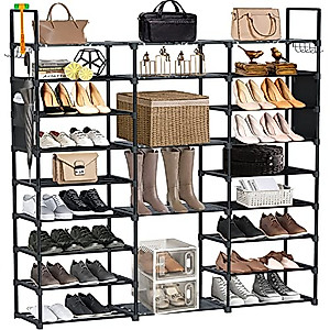 SUNTAGE Free-Standing Shoe Rack Organizer, Garage Shoe Storage Organizer with Side Hooks & Pockets, Metal Shoe Rack for Garage, Entryway, Holds 50 Pairs Shoes & Boots, 3 Columns, 9 Tiers