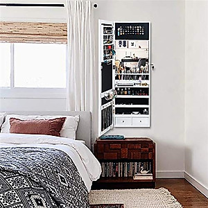 NALLBEIRRAA Jewelry Armoire Cabinet Full Length Hanging Mirror, Makeup Storage Organizer, Wall Mounted, w/Interior Mirror, LED Lights, Lock, Brush Holders, 4 Shelves (White3) …