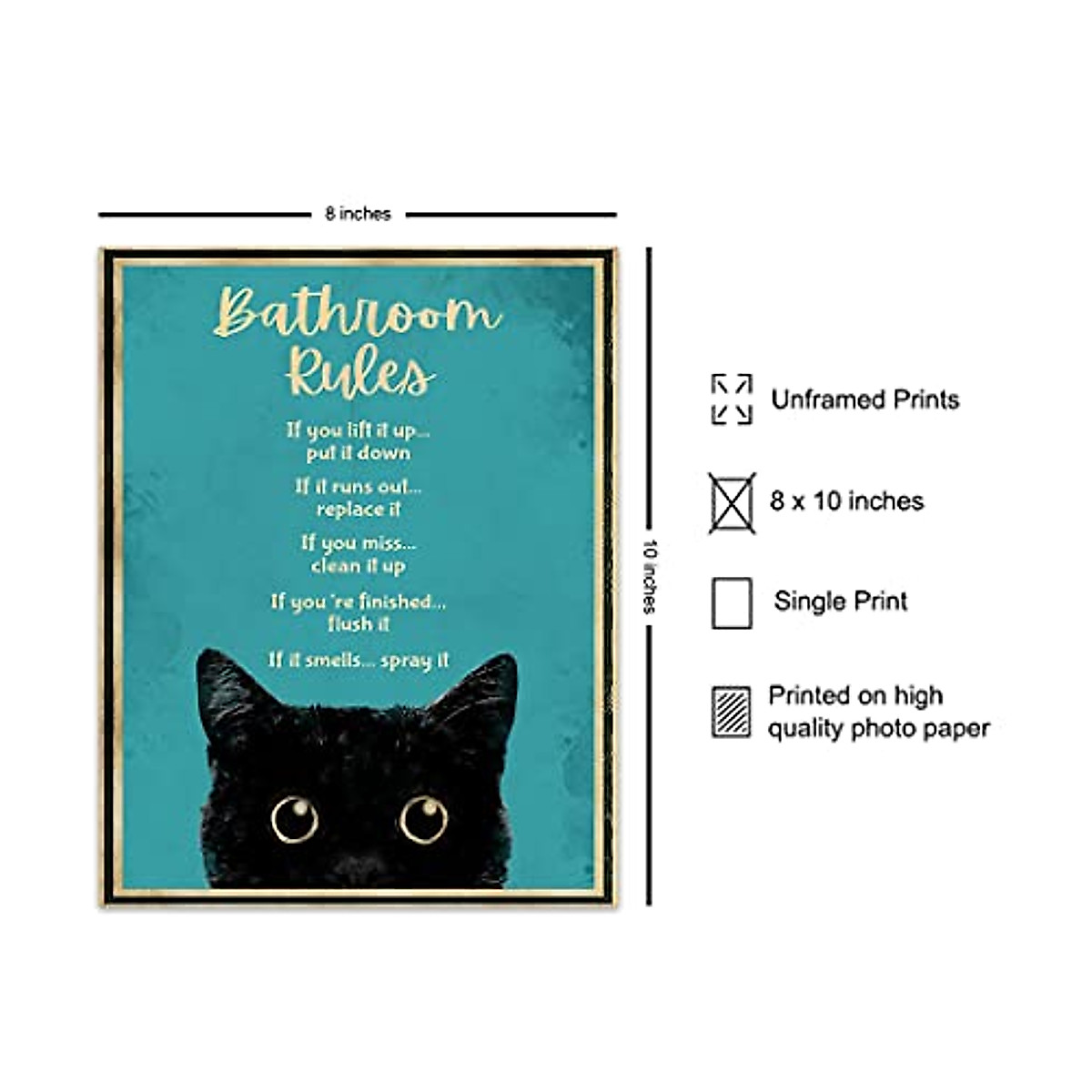 Bathroom Rules Wall Decor - Cat Bathroom Decor - Funny Bathroom Wall Art - Bath Wall Decor - Powder Room - Guest Bathroom - Restroom Sign - Blue Bathroom Decorations for Women, Kitty, Kitten Fan
