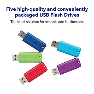 Verbatim 64GB Pinstripe USB 3.2 Gen 1 Flash Drive Retractable Thumb Drive - 5 Pack - Multicolor (Green, Blue, Red, Purple, Cyan)