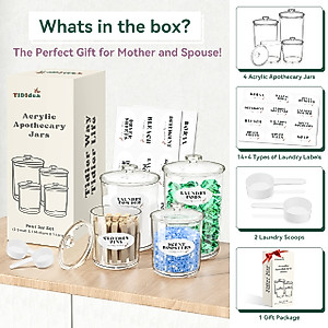 TIDIdea 4 Pack Laundry Container Jars - Premium Acrylic Jars for Laundry Room Organization and Storage Organizing Laundry Pods, Powder, Detergent, Soap,Beads, Laundry Accessories - with Labels&Scoops